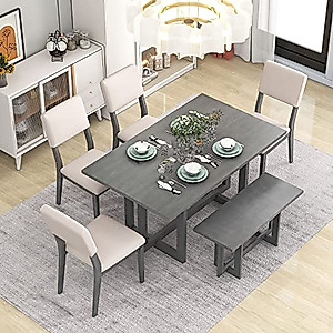 KoiHome Retro Support Design, 4 Chairs with Soft Cushions and a Wood Bench, Kitchen Home Room/Restaurant Furniture (Gray), 6-Piece Dining Table Set with H-Shaped Legs