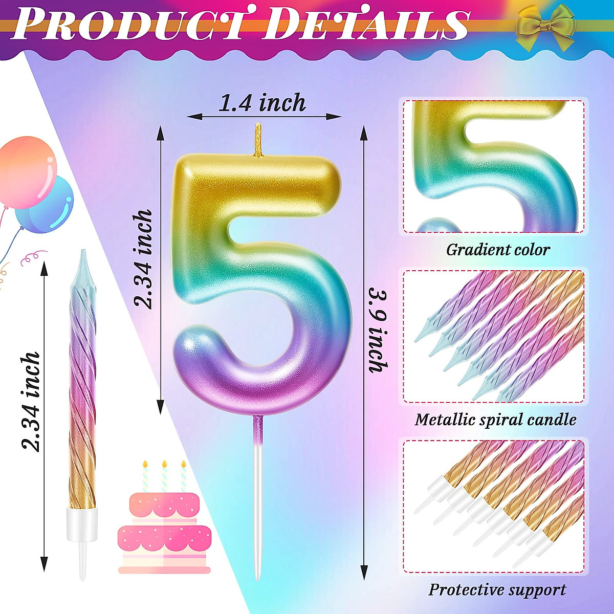 Treela 2.7 Inch Birthday Candles Rainbow Number Candle with 12 Pieces Numeral Rainbow Spiral Candle First One Year Candle for Baby Girl Boy Birthday Cake Topper Anniversary Wedding Party (Number 5)