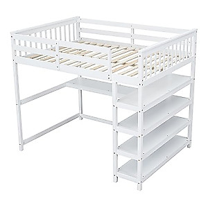 BOVZA Wood Loft Bed with Desk and Shelves, Full Size Loft Bed with Storage Shelves and Under-Bed Desk, Bed Frame for Kids Teens Adult, White