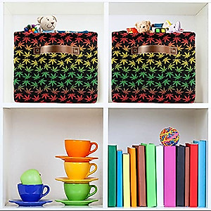 Large Foldable Storage Bin Gradient Marijuana Leaves Fabric Storage Baskets Collapsible Decorative Baskets Organizing Basket Bin with PU Handles for Shelves Home Closet Bedroom Living Room-1Pack