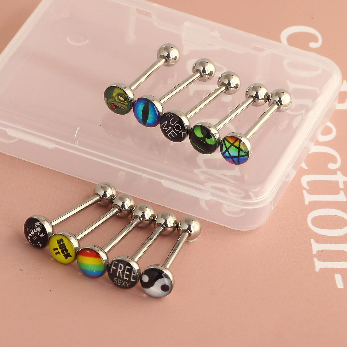 TIANCI FBYJS Lot of Surgical Steel Metal Tongue Rings Barbells Funny Nasty Wordings Picture Logo Signs 14g - Length 5/8" or 16mm (mix logos 40pcs)