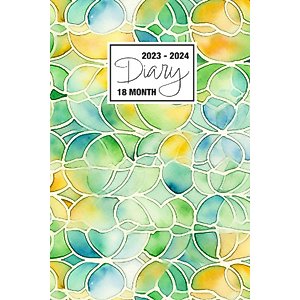 2023 - 2024: 18 Month Diary A5 Week to View on 2 Pages Weekly Journal Agenda WO2P Planner Jul 23 to Dec 24 Horizontal With Moon Phases, UK & US ... Pattern With Yellow Blue Tones Geometric