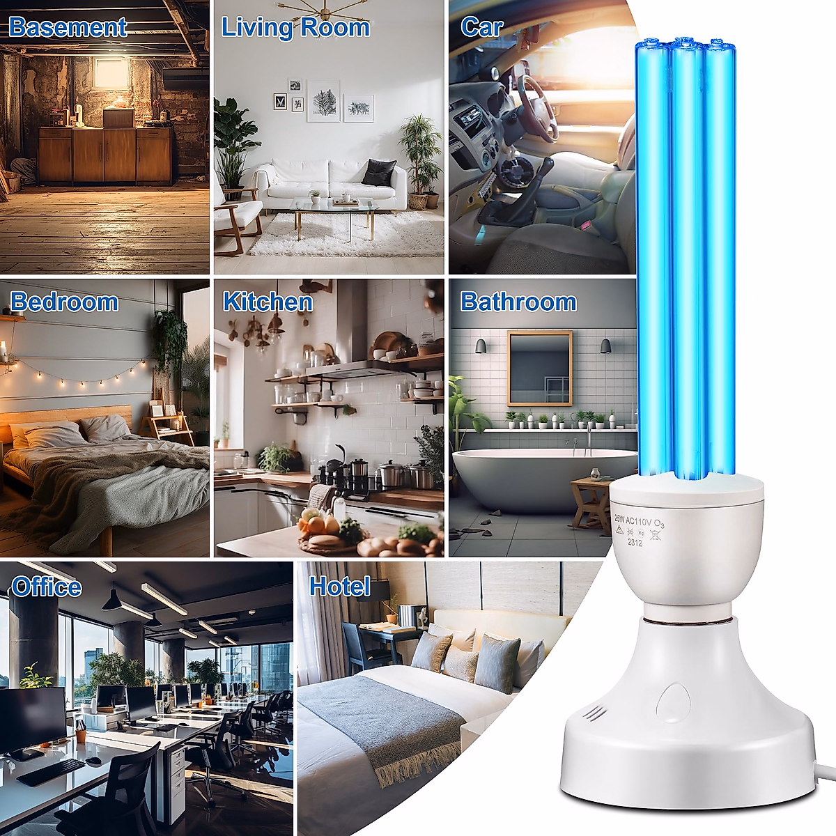 Qualirey 25 Watt UV Light Sanitizer, UVC Lamp with E27 Base and Remote Control and UV Protection Glasses, UV Light Bulb for Basement, Bedroom, Kitchen, with Ozone