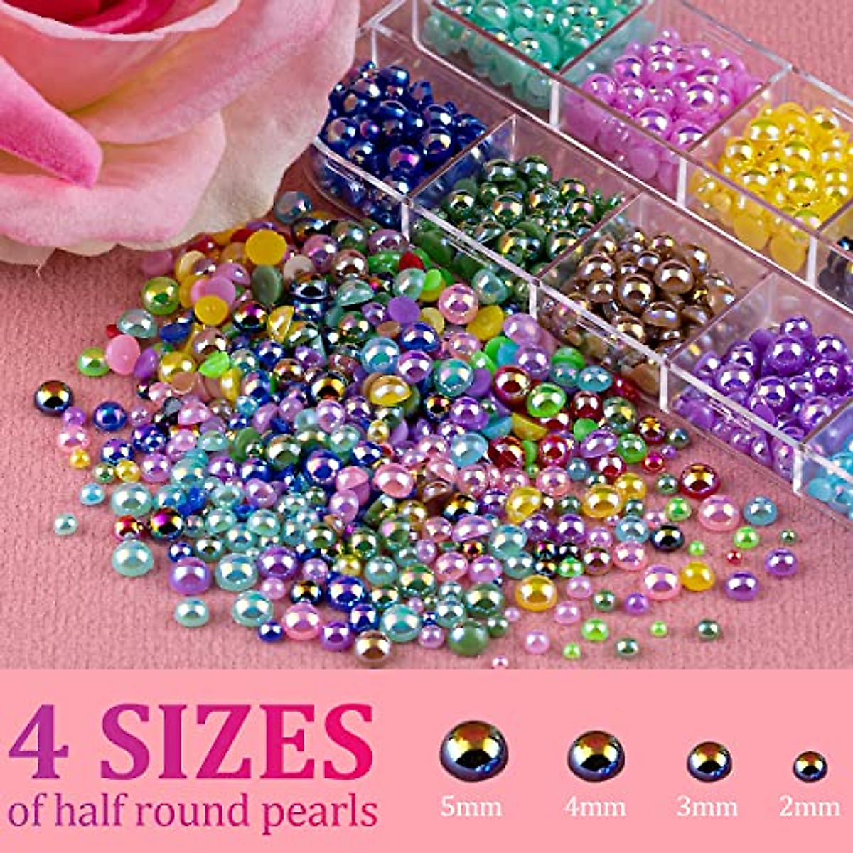 3800 Pcs 3 Boxes Flat Back Pearls Kits Flatback Colorful AB+White AB+Beige AB Half Round Pearls with Pickup Pencil and Tweezer for Home DIY and Professional Nail Art, Face Makeup and Craft