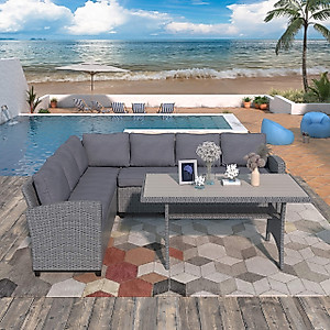 Merax Outdoor Patio Furniture Conversation Set, All Weather Brown PE Rattan Wicker Sectional Sofa with Cushions and Table, Grey