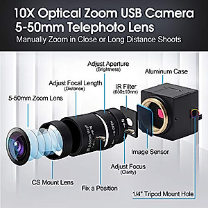 SVPRO USB Web Camera 1080P Full HD Webcam with Zoom Lens, 5-50mm Telephoto Webcam Manual Focus with Sony IMX323 Sensor, H.264 0.01lux Low Light Camera for Industrial Machine Vision,UVC Free Drive