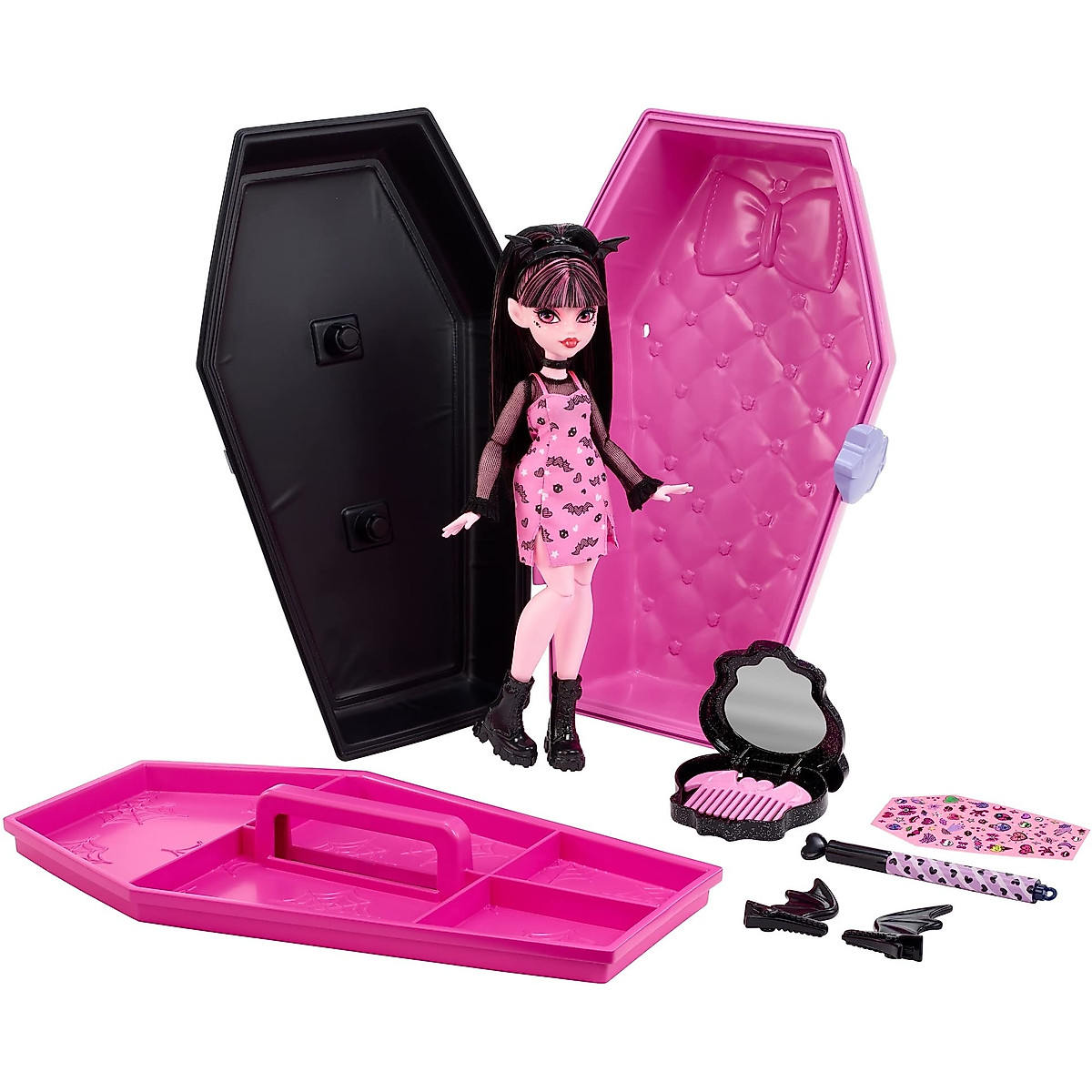 Monster High Draculaura Doll & Accessories, Gore-ganizer Beauty Kit with Bat Clips, Comb & Mirror, Customizable with Stamp Pen & Stickers