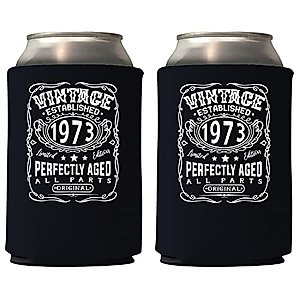 Veracco Vintage Established 1973 Perfectly Aged Can Coolie Holder 50th Birthday Gift Fifty and Fabulous Party Favors Decorations (12, Black)