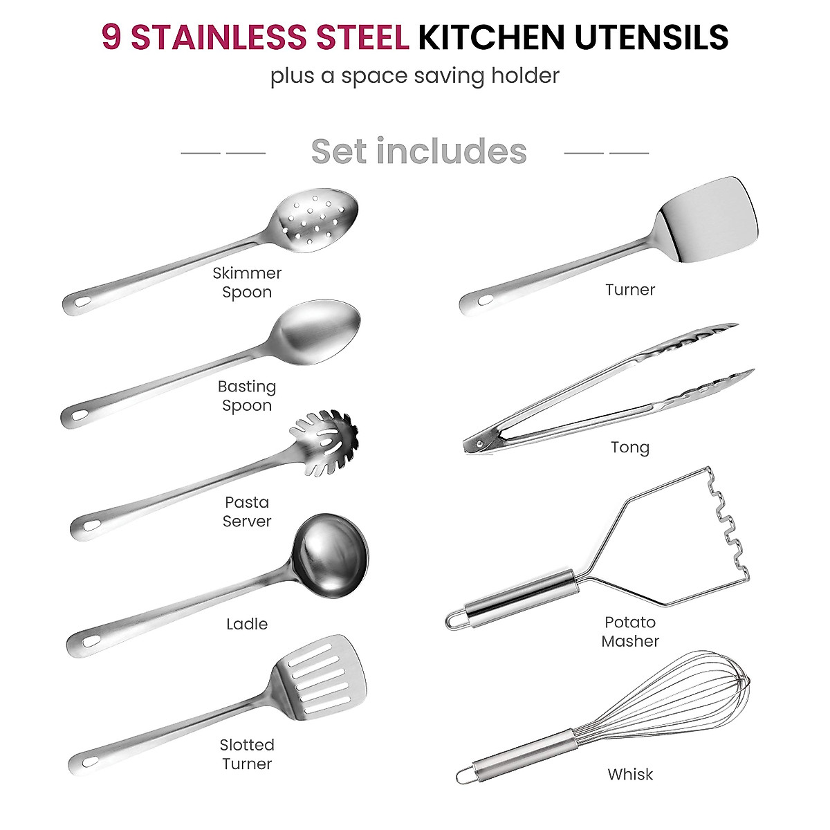 FineDine Stainless-Steel Kitchen Utensil Set - 10-piece premium Nonstick & Heat Resistant Gadgets, Turner, Spaghetti Server, Ladle, Serving Spoons, Whisk, Tongs, Potato Masher & Utensil Holder