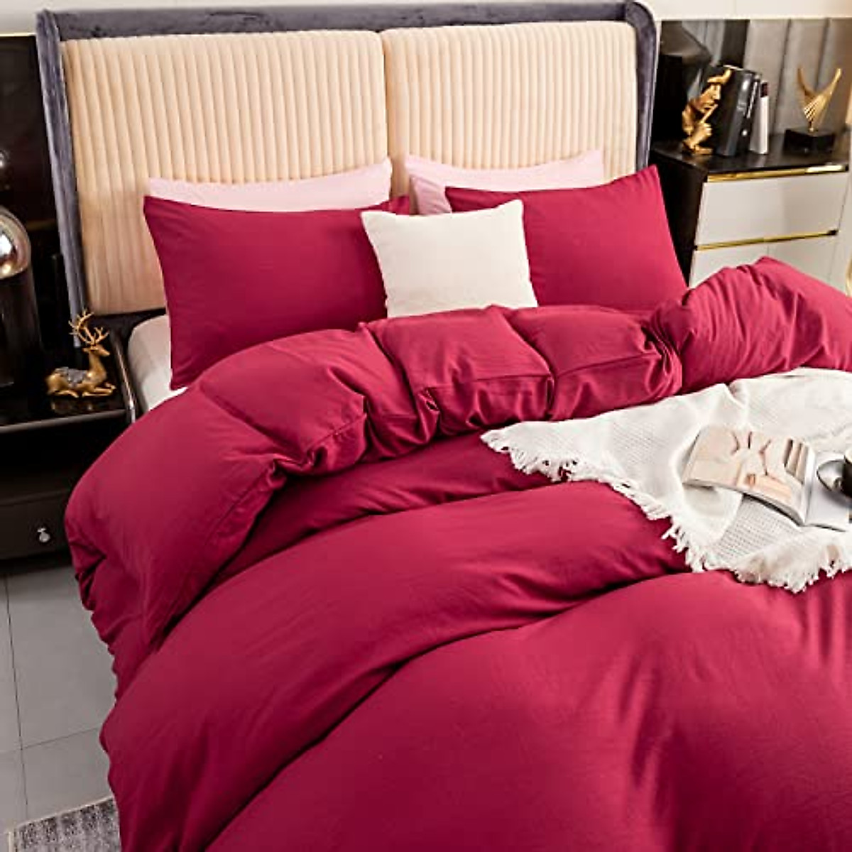 ERZRGA Red Duvet Cover Twin, 100% Washed Microfiber Red Bedding Set 3 Pieces Solid Duvet Cover, 1 Duvet Cover with 2 Pillowcases, with Zipper Closure, Ultra Soft Feel Natural Wrinkled (Red, Twin)