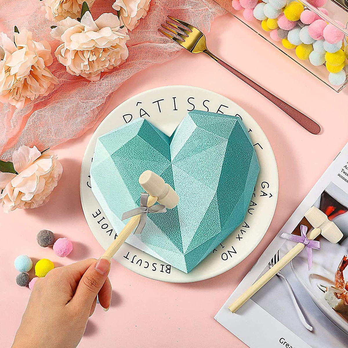 Heart Shaped Chocolate Mold, Diamond Heart Mousse Cake Mold Trays Silicone Chocolate Dessert Baking Pan with 2 Pieces Wooden Hammers and Chocolate Molds