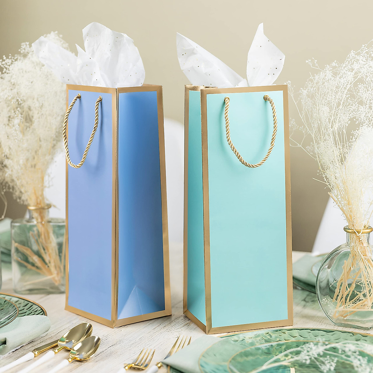 Wine Gift Bags 12 Pack - Reusable 4 Colors With Gold Foil Print Design with Soft Handles