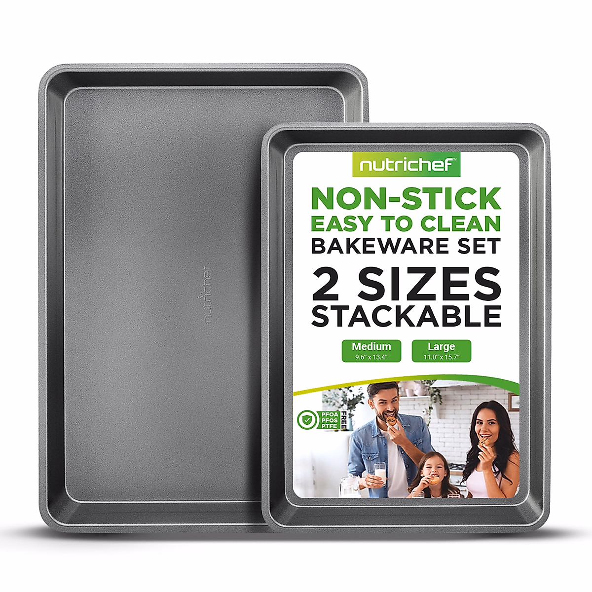 NutriChef 2-Piece Nonstick Cookie Sheet Baking Pan Set - Premium Bake Trays w/ Sleek Non-Stick Coating PFOA, PFOS, & PTFE Free - Large (15"x11") & Medium (13"x9") - Dishwasher Safe