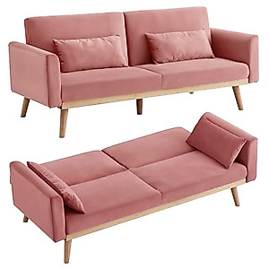 Lamerge Velvet Sleeper Couch with Pillows and Wooden Frame, Upholstered Modern Folding Futon Sofa Bed, Lounge Memory Foam Convertible Loveseat for Living Room, Home & Office (Pink)