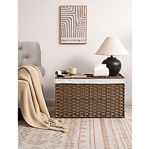 StorageWorks Storage Basket with Lid, 160 Liter Storage Box, Wicker Blanket Storage Basket with Handles, Foldable, Removable Fabric Liner, Metal Frame, For Bedroom, Laundry Room, Brown