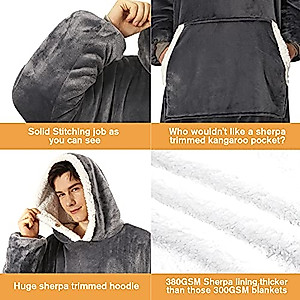 yescool Oversized Wearable Blanket Hoodie, Flannel Sherpa Fleece Blanket Sweatshirt for Adults Women Men, Big Plush Cozy Hooded Blanket with Hood, Pocket & Sleeves, One Size Fits All (Grey)