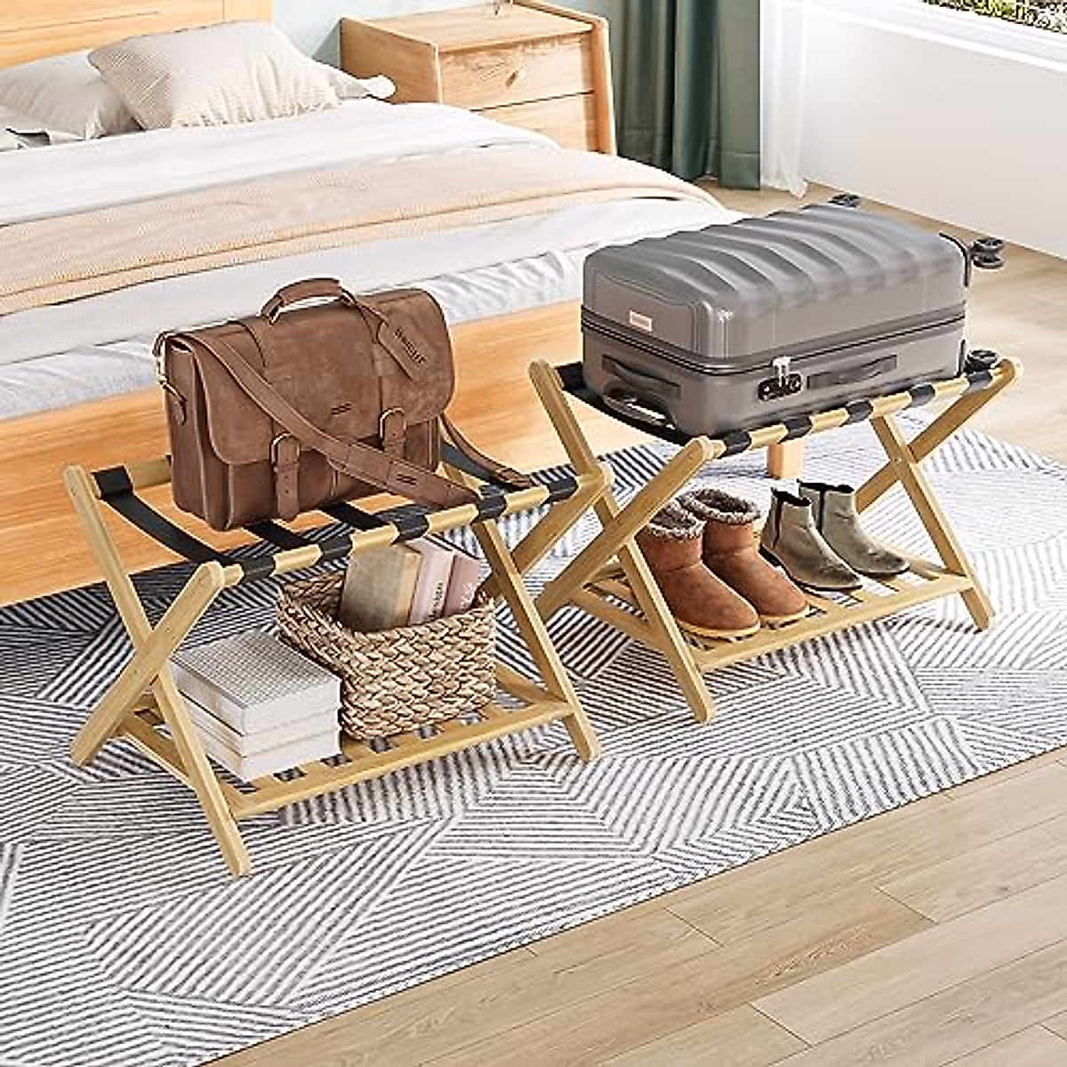 Smuxee Fully Assembled Luggage Rack Pack of 2, Upgraded Bamboo Foldable Suitcase Stand with 5 Nylon Straps, Luggage Holder with Shelf for Guest Room Bedroom Hotel (Nature Luggage Rack 2pcs)