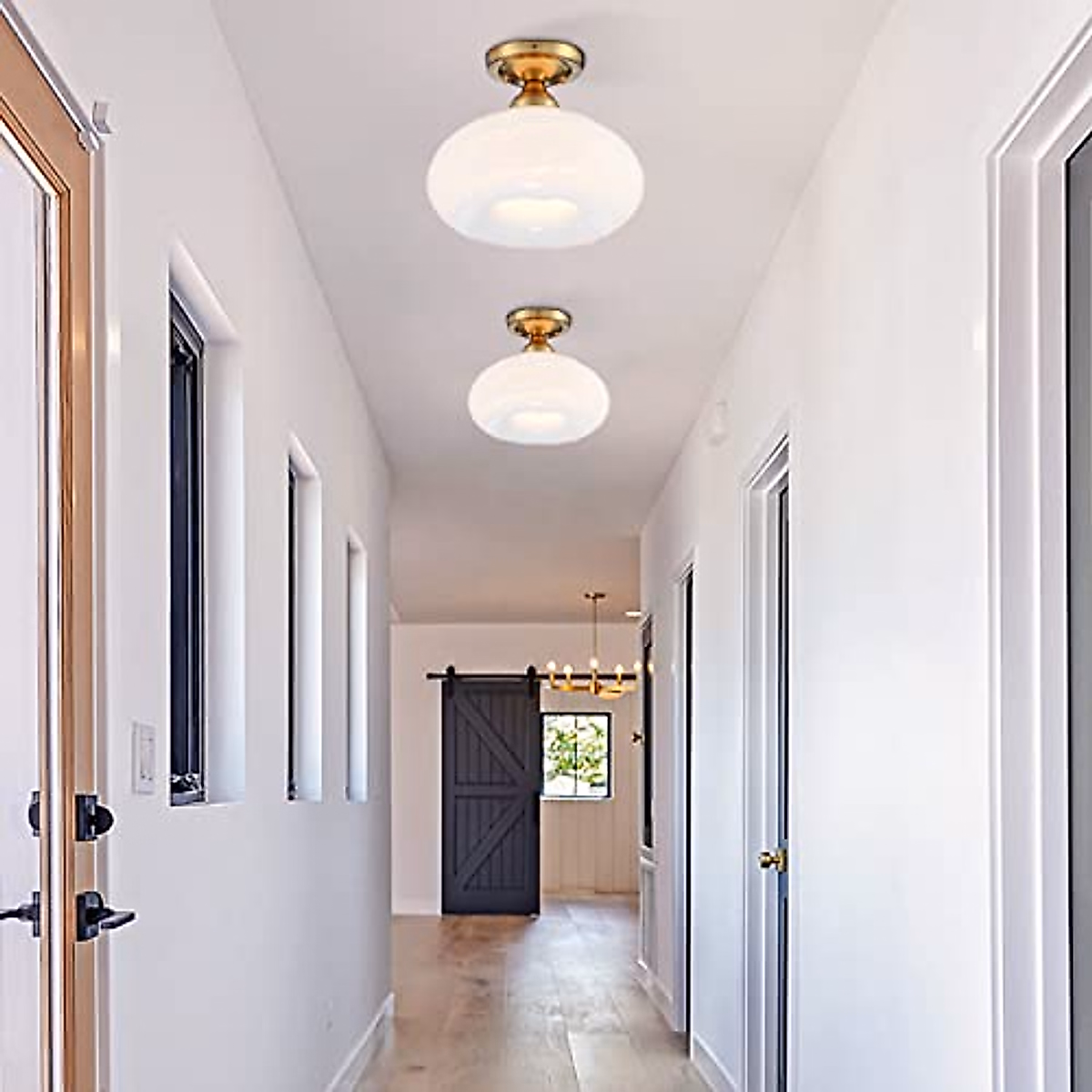 Pia Ricco Mid Century Semi Flush Mount Ceiling Light Gold, Globe Opal Glass Shade Ceiling Light Fixture, Modern Hallway Light Fixtures for Entryway Kitchen Bathroom Laundry Bedroom