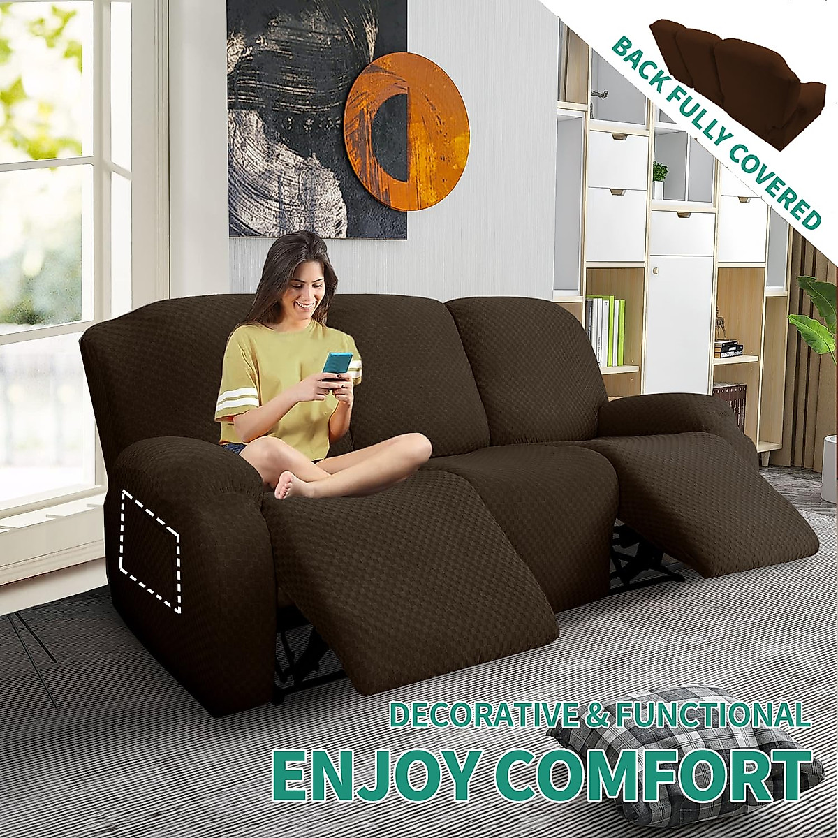 YEMYHOM 8 Pieces Stretch Recliner Sofa Cover Latest Jacquard Reclining Couch Cover with Side Pocket Anti-Slip Fitted 3 Cushion Furniture Slipcovers with Elastic Bottom (Sofa Recliner, Dark Coffee)