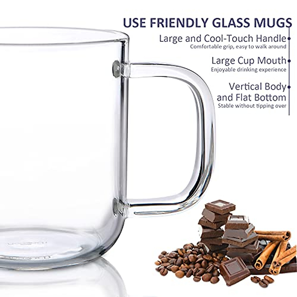 Aquach Glass Mugs 20 oz Set of 2, Extra Large Clear Glass Cup with Handle for Hot/Cold Coffee Tea Beverage, Thicker Quality for Safe Use Every Day
