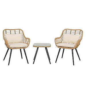 JOIVI 3 Piece Outdoor Wicker Conversation Bistro Set, Patio Furniture Rattan Chairs and Square Side Table Set for Porch, Balcony, Poolside, Yard, White Cushion