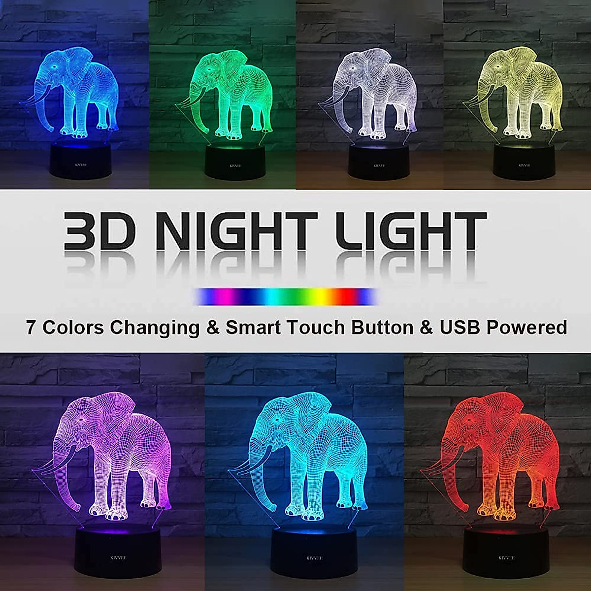 KIVVEE Elephant 3D Lamp Illusion 2D Night Light Xmas Chirstmas Festival Birthday Valentines Day Lovers Gift Nursery Bedroom Desk Table Decor for Baby Boys Kids Children