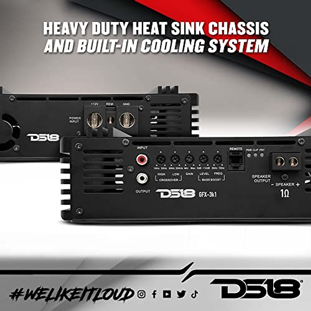DS18 GFX-3K1 Car Audio Amplifier 1-Channel Class D Full-Range Monoblock 3000 Watts Rms 1-Ohm - Bass Knob Controller Included - Easy Installation - Powerful Amp for Vehicle Sound Systems