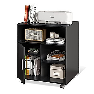 DEVAISE Mobile Printer Stand with Adjustable Shelf, Rolling Wood Storage Cabinet on Wheels, Black