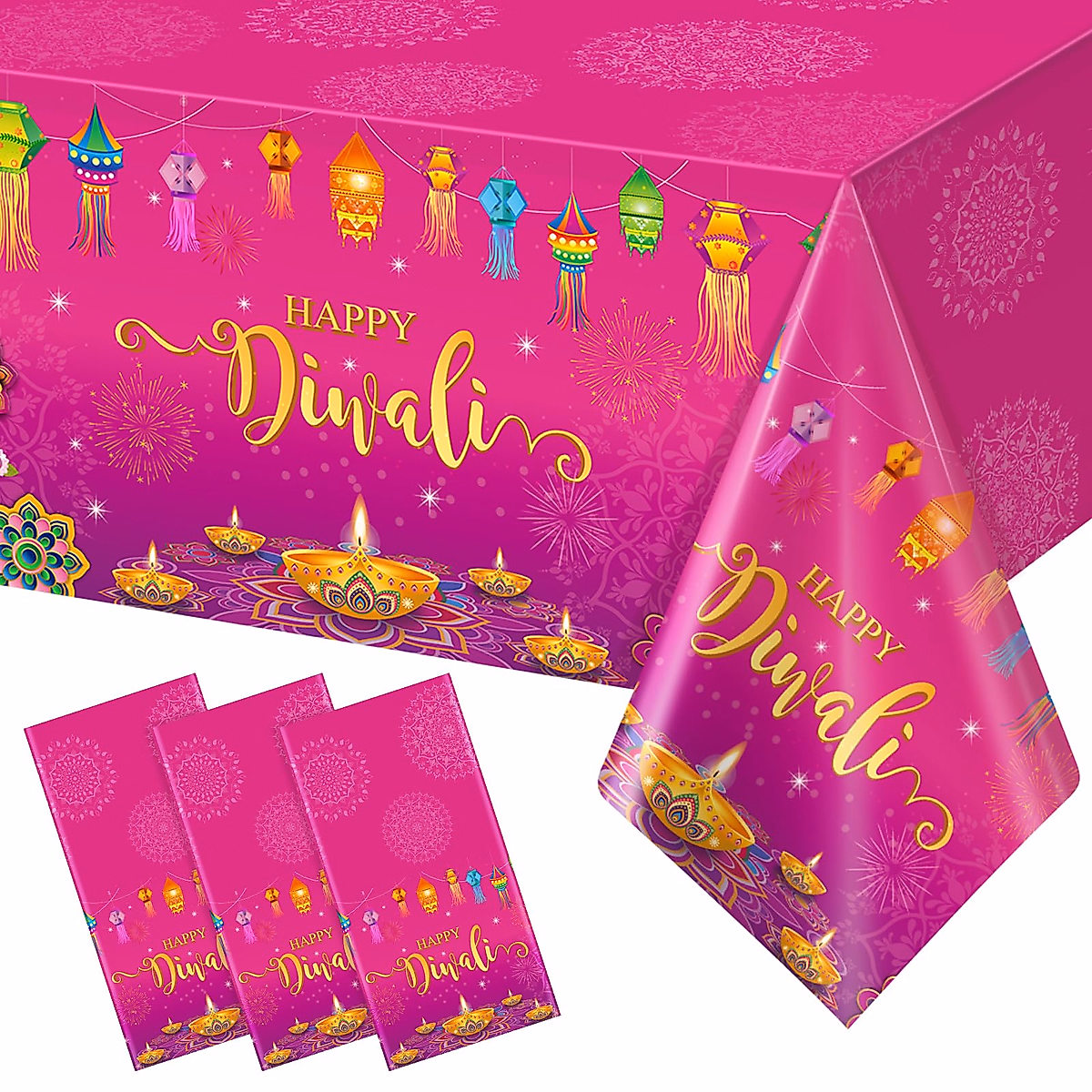 3 Pack Happy Diwali Disposable Tablecloth, Festival of Lights Plastic Table Cover for Rectangle Tables, Diwali Table Cloth for Indian Diwali Light Celebration Party Supplies Decorations, 54×108 Inch