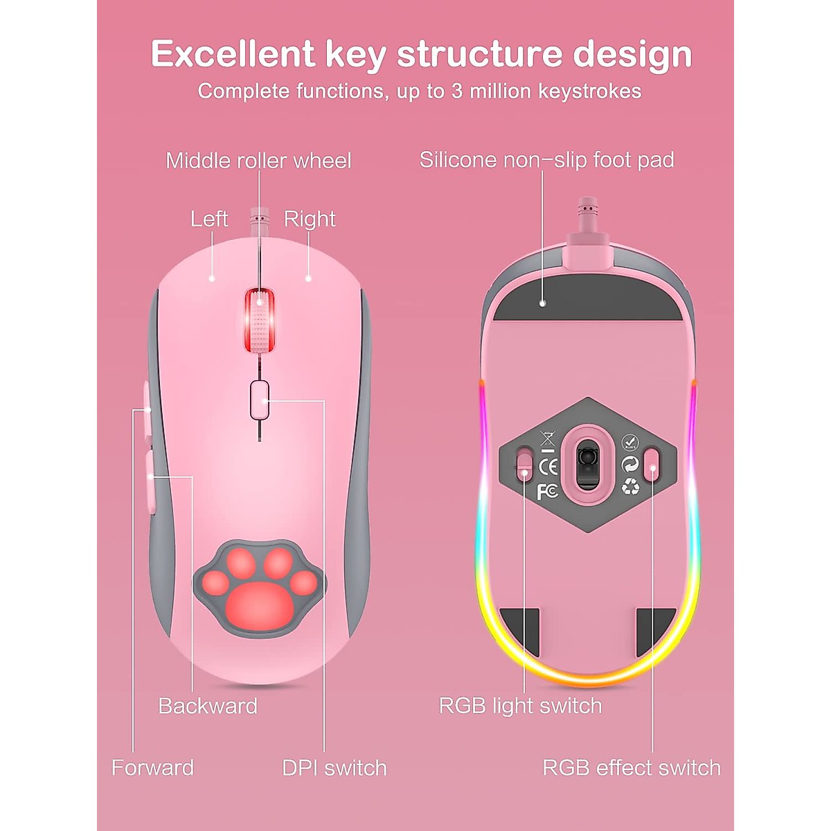 PHNIXGAM Cat Paw RGB Gaming Mouse, Silent Optical Computer Mice USB Wired with 6 Adjustable DPI Up to 7200, RGB Lighting, 6 Programmable Buttons for Windows/Vista/Linux (Pink)