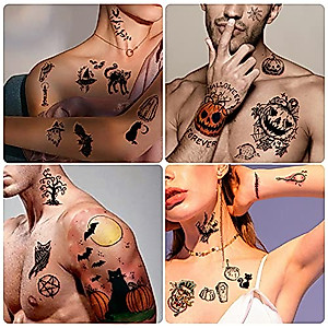 Yazhiji 40 Sheets Halloween Temporary Tattoos Pumpkin Witch Sugar Skull Tattoo Family Set Tats for Women Men Boys and Girls
