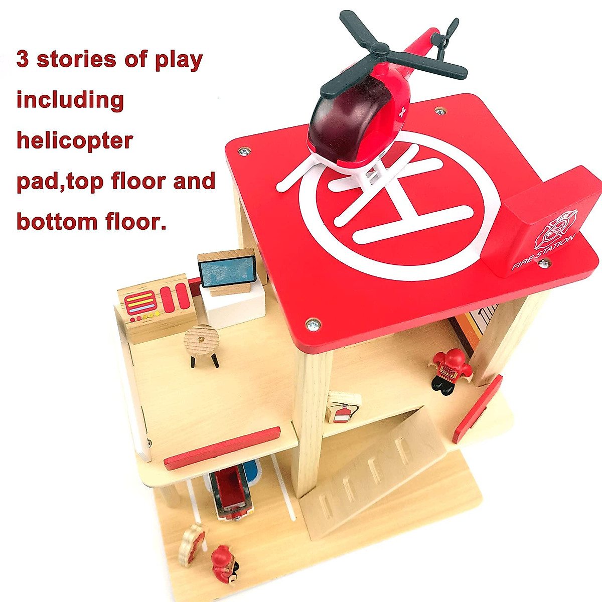 BBtinker Wooden Fire Station Playset, Multicolor 3-Level Pretend Play Dollhouse with Figures, Truck, Helicopter and Accessories, Preschool Learning Educational Toys for Toddlers Kids Age 3 and up