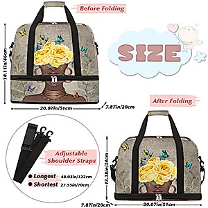 Travel Duffel Bag African Afro Woman Butterfly Sport Gym Bag for Woman Man,Waterproof Foldable Weekend Overnight Bag for Yoga Workout Training with Shoe Compartment