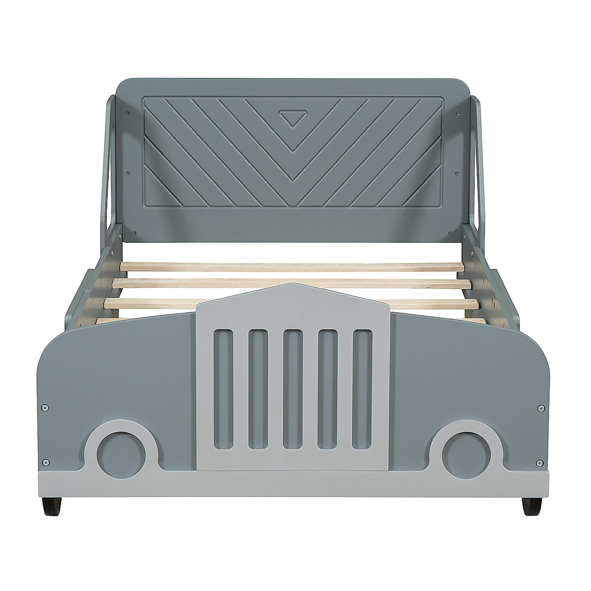 BEDGJH Twin Size Bed Frame for Kids, Classic Car-Shaped Platform Bed with Wheels, Floor Bed Frame, Sturdy Wooden Slats, No Box Spring Needed, Easy Assembly (Gray, Twin)