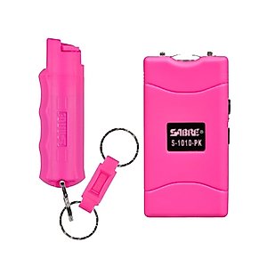 SABRE Pepper Spray And 2-in-1 Stun Gun and Flashlight, 25 Bursts of Max Strength OC Spray, Intuitive Finger Grip, 0.54 fl oz, Painful 1.160 µC Charge, 120 Lumens, Rechargeable, Safety Switch, Holster