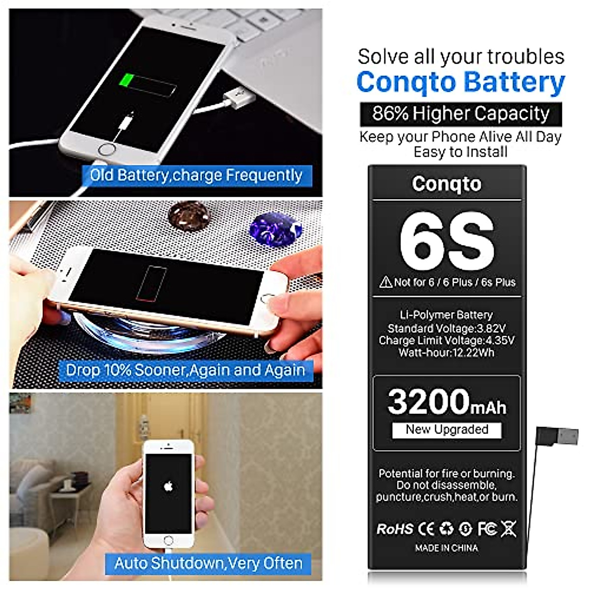 [3200mAh] Battery for iPhone 6S (2023 New Version), Conqto New Upgraded Higher Capacity 0 Cycle Battery Replacement for iPhone 6S Model A1633, A1688, A1700 with Complete Professional Repair Tool Kits