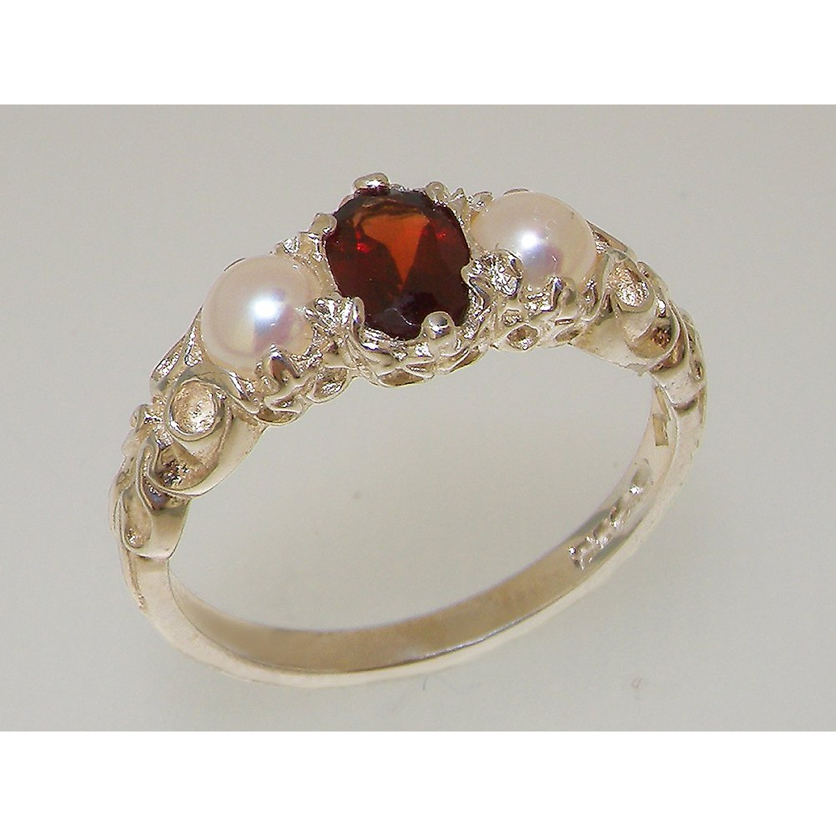 LetsBuyGold 925 Sterling Silver Real Genuine Garnet & Cultured Pearl Womens Band Ring - Size 12