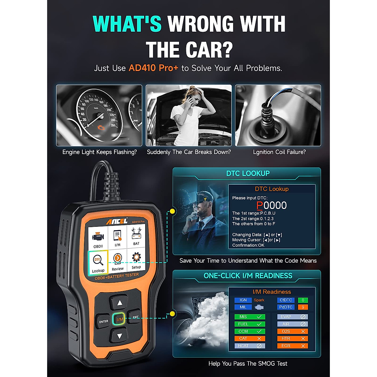 ANCEL AD410 Pro+ 2 in 1 OBD2 Scanner Battery Tester, OBD2 Scanner Diagnostic Tool for Car Check Engine Code Reader Scan Tool & 6V 12V 100-2000 CCA Battery Charging Cranking Test EVAP Live Data