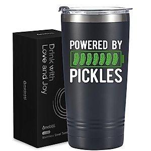 Onebttl Funny Pickle Gifts for Pickle Lovers, Insulated 20 oz Stainless Steel Travel Tumbler with Straw, Brush, Lid, and Gifts Box (POWERED BY PICKLES)
