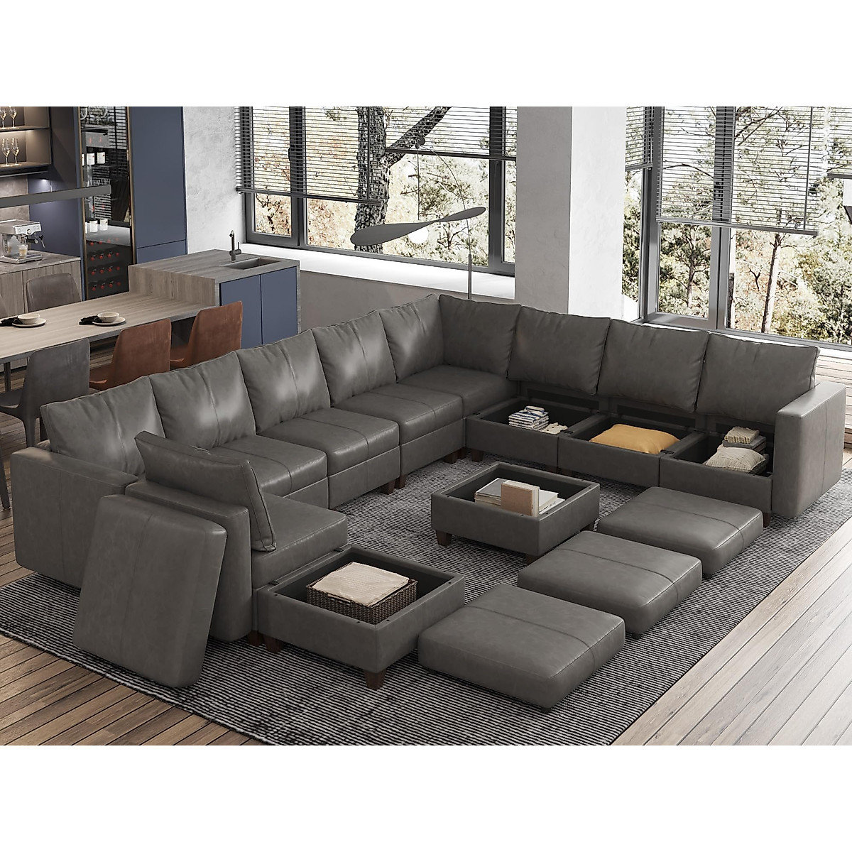 EASE MOOSE Convertible Modular Couch U Shaped Sofa with Storage Seat, Faux Leather Modular Sectional Sofa Oversized Sleeper Sofa with Reversible Chaises, Grey
