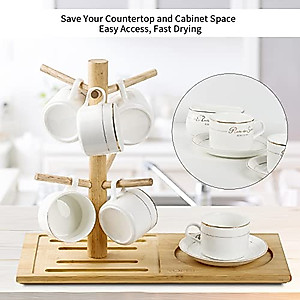 YOFRI Coffee Cup Holder Tree, Wooden Mug Storage Rack, Coffee Tea Kettle Display Stand, Movable Countertop Cup Stand with 6 Hooks, Coffee Mugs and Tea Cups Organizer for Bar & Kitchen Collection