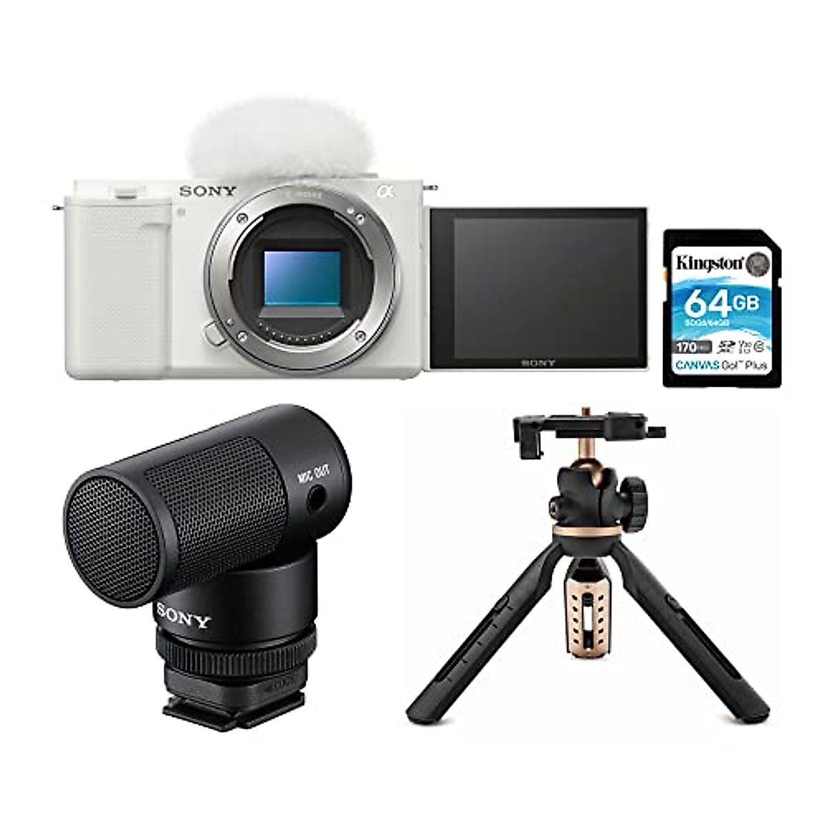 Sony Alpha ZV-E10 APS-C Interchangeable Lens Mirrorless Vlog Camera (Body Only, White) Bundle with Shotgun Microphone, Extendable Tripod with Built-in Phone Mount and Memory Card (4 Items)