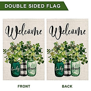 Whaline St. Patrick's Day Garden Flag Vase Lucky Clover Garden Yard Flag Mason Jars Double Sided Print Yard Banner Irish Spring Seasonal Outdoor Home Decoration Garden Flag Welcome Yard Decoration