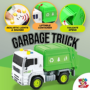 City Car Toy Playset of 3 Vehicles - Friction-Powered w/ Realistic Lights & Sounds - Includes Police Car, Garbage Truck, Construction Dump Truck & Helicopter - Toddler Boys Toy for Kids Ages 3-5