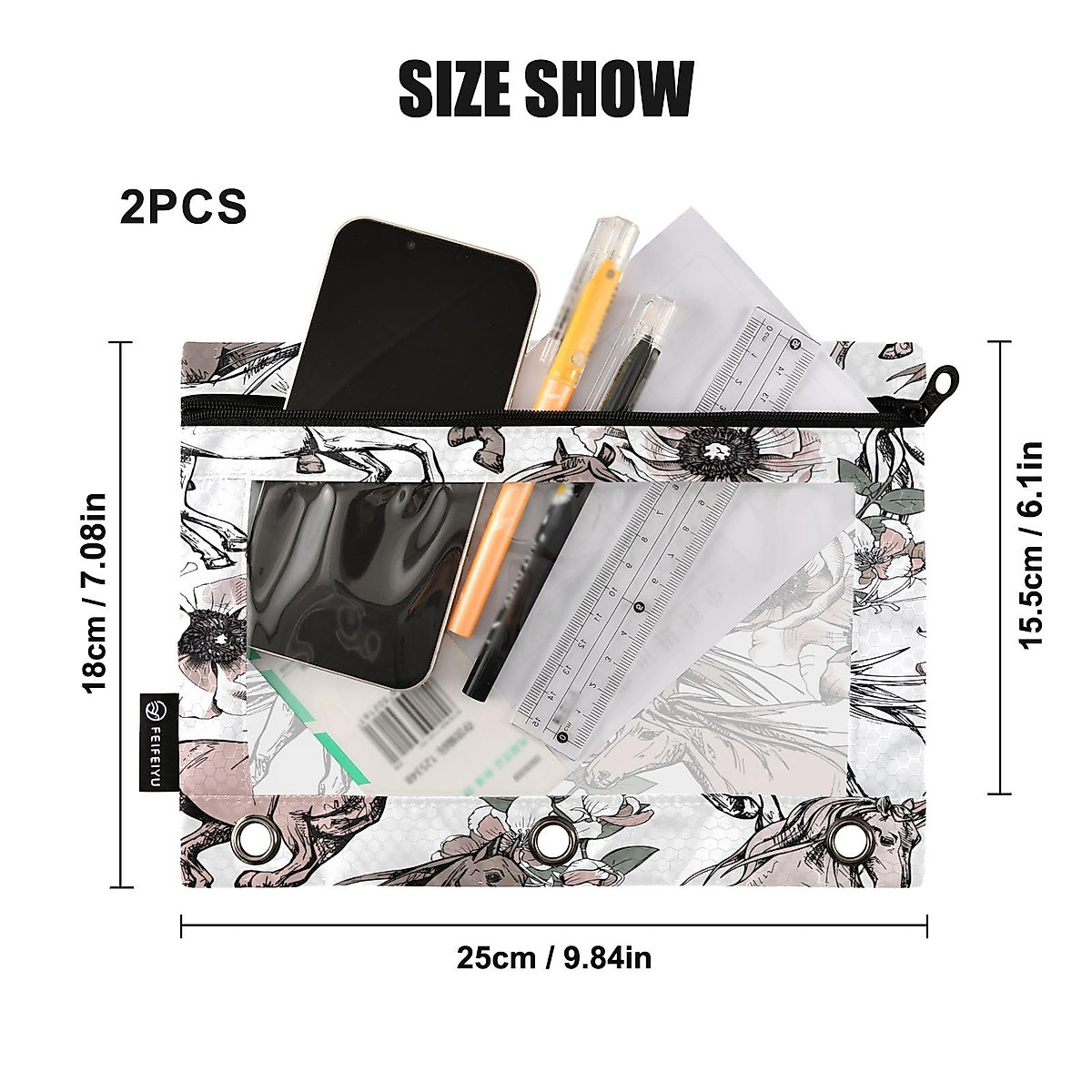 Haskirky Standard 3 Ring Zipper Clear Window Binder Pocket 2 PCS-7×9In,Beautiful Horses and Anemone Flowers Watersafe Large Capacity Office Travel Daily Assistant