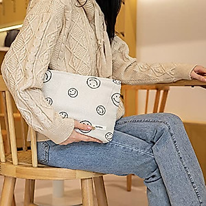 GUTGNK Makeup Bag For Women - Corduroy Cosmetic Bags Aesthetic Design Ladies Tote Bag,Women's Pencil Case,Cute Smiley Face Makeup Organizer with Zipper (Beige)