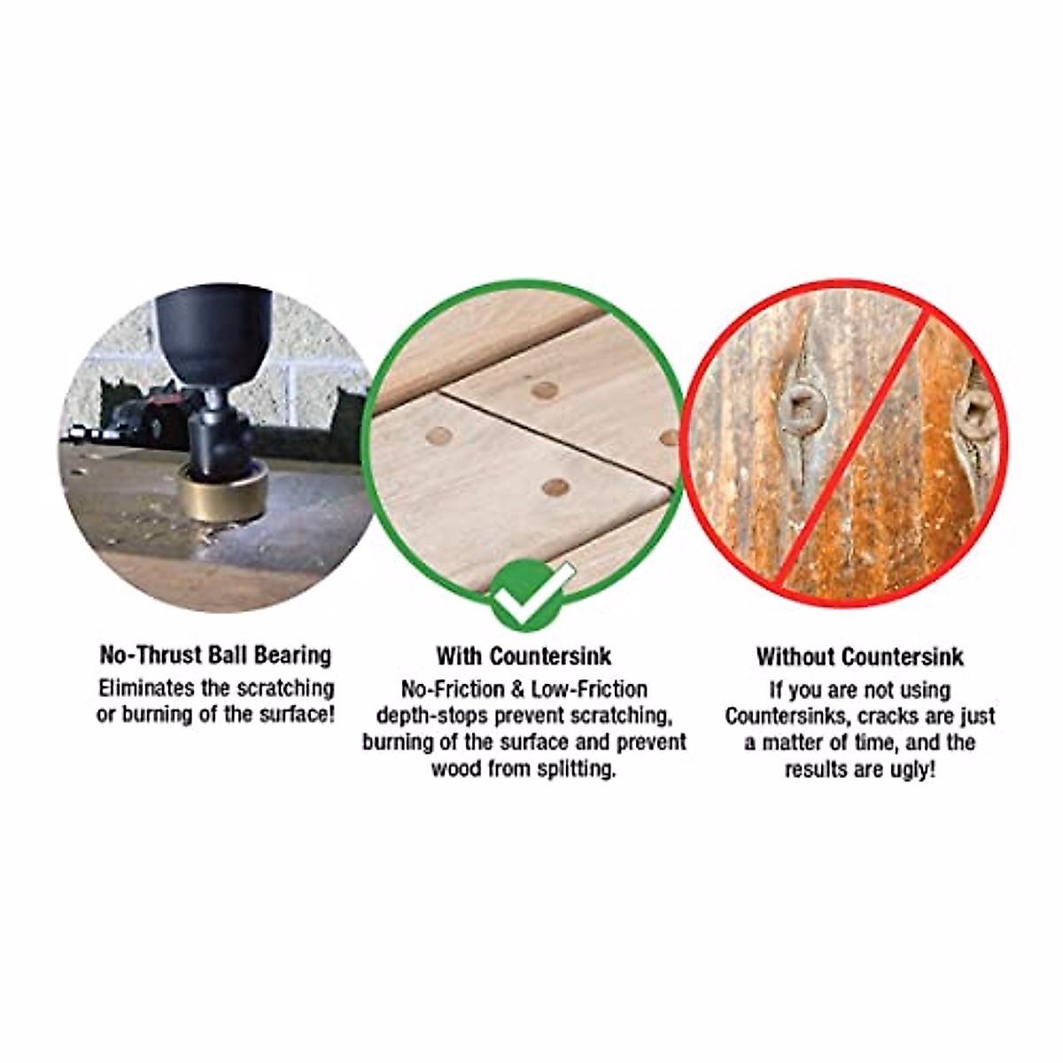 Amana Tool AMS-627 3-Pc Carbide Tipped Countersink with Adjustable Depth Stop and No-Thrust No Marring Ball Bearing with Replacement Countersinks Quick Release Shank Set