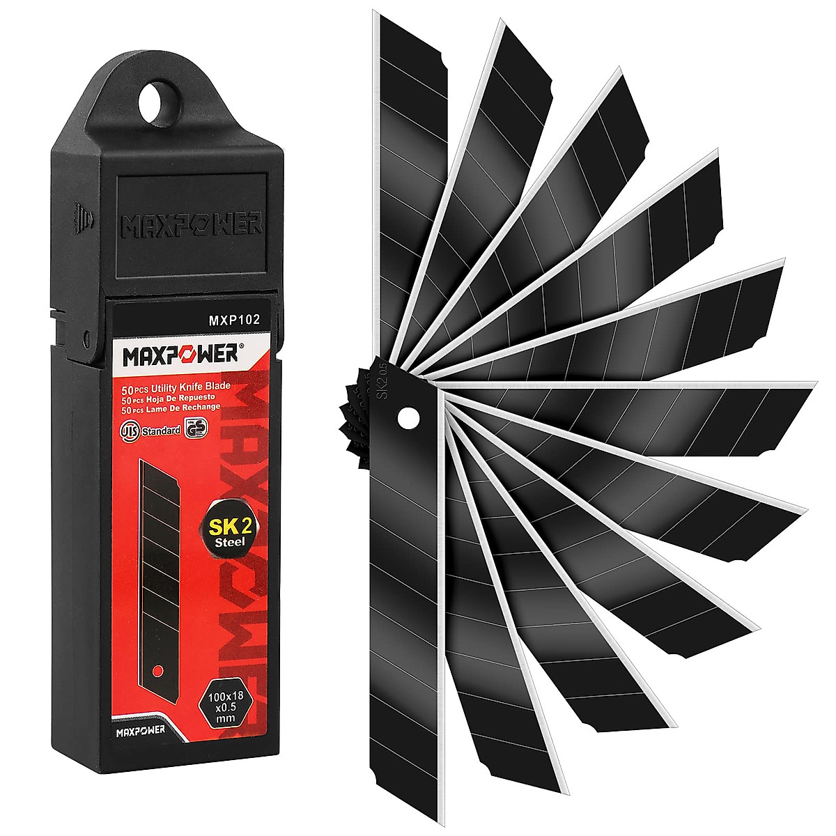 MAXPOWER 50 Pack Utility Knife Blades-18 mm Snap Off Blade Ultra-Sharp Utility Blades, Box Cutter Blade, Utility Knife Replacement Blades Black