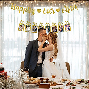 WeBenison Happily Ever After Photo Banner Wedding Decor Banner with Photo Frame Bridal Shower Bunting Decorations Bachelorette Party Picture Banner Gold Glitter