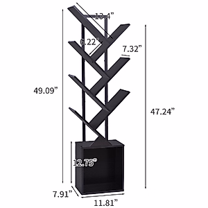 YSVCO 7 Tier Tree Bookshelf, Tall Narrow Wood Book Shelf, Freestanding Bookcase with Storage Cabinet, Floor Standing Display Storage Shelf for CD/Book, Living Room, Home Office Black BS36BS
